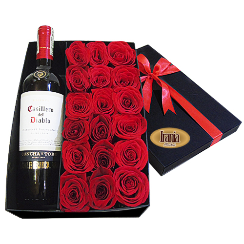  18 Rosas En Caja Con Vino Casillero Del Diablo Florister a Bogot 
